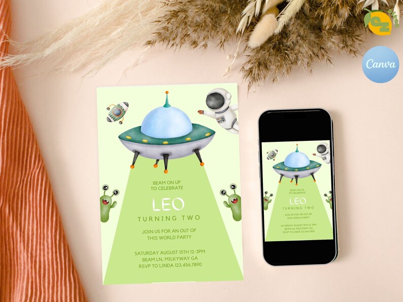 Editable Boys Alien Birthday Invitation UFO Green Birthday - Etsy