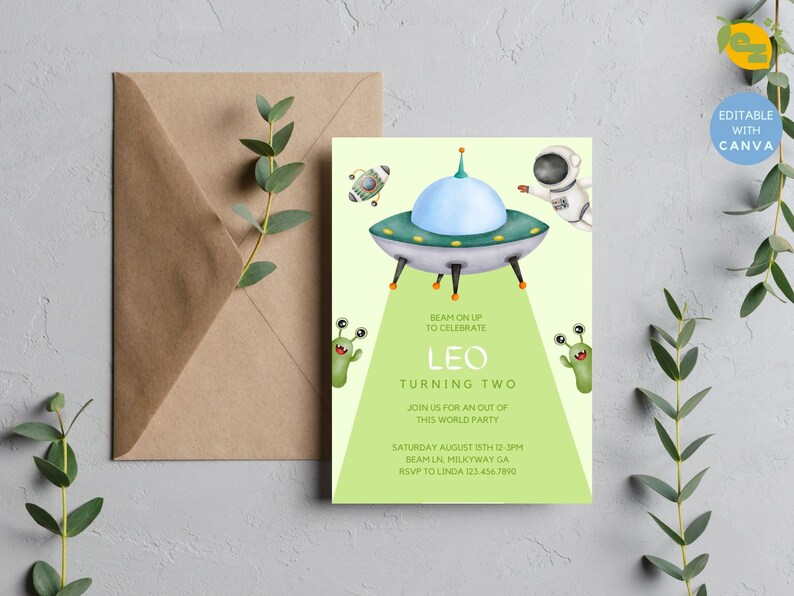Editable Boys Alien Birthday Invitation | UFO Green Birthday Party ...