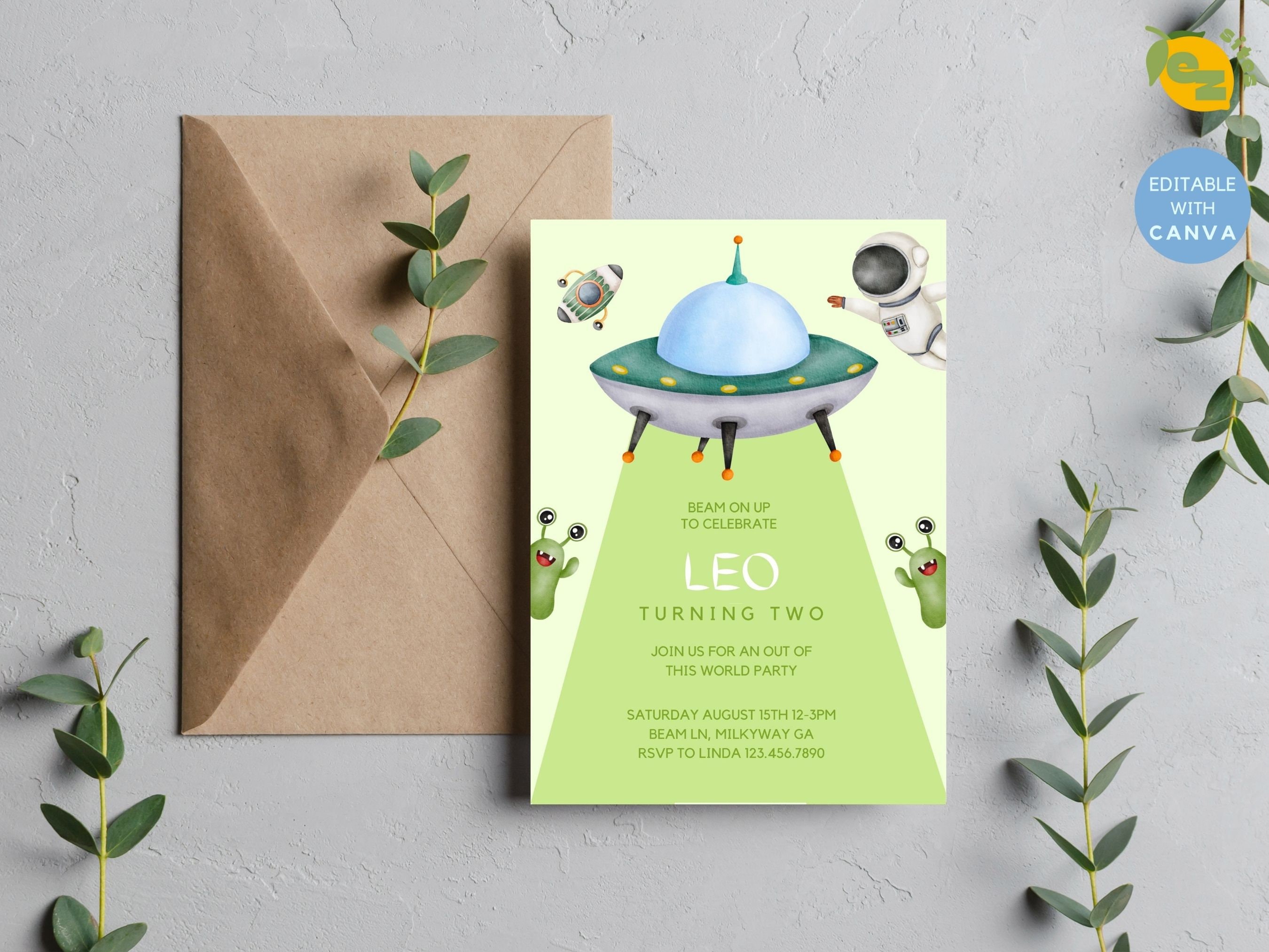 Editable Boys Alien Birthday Invitation UFO Green Birthday Party Invite ...
