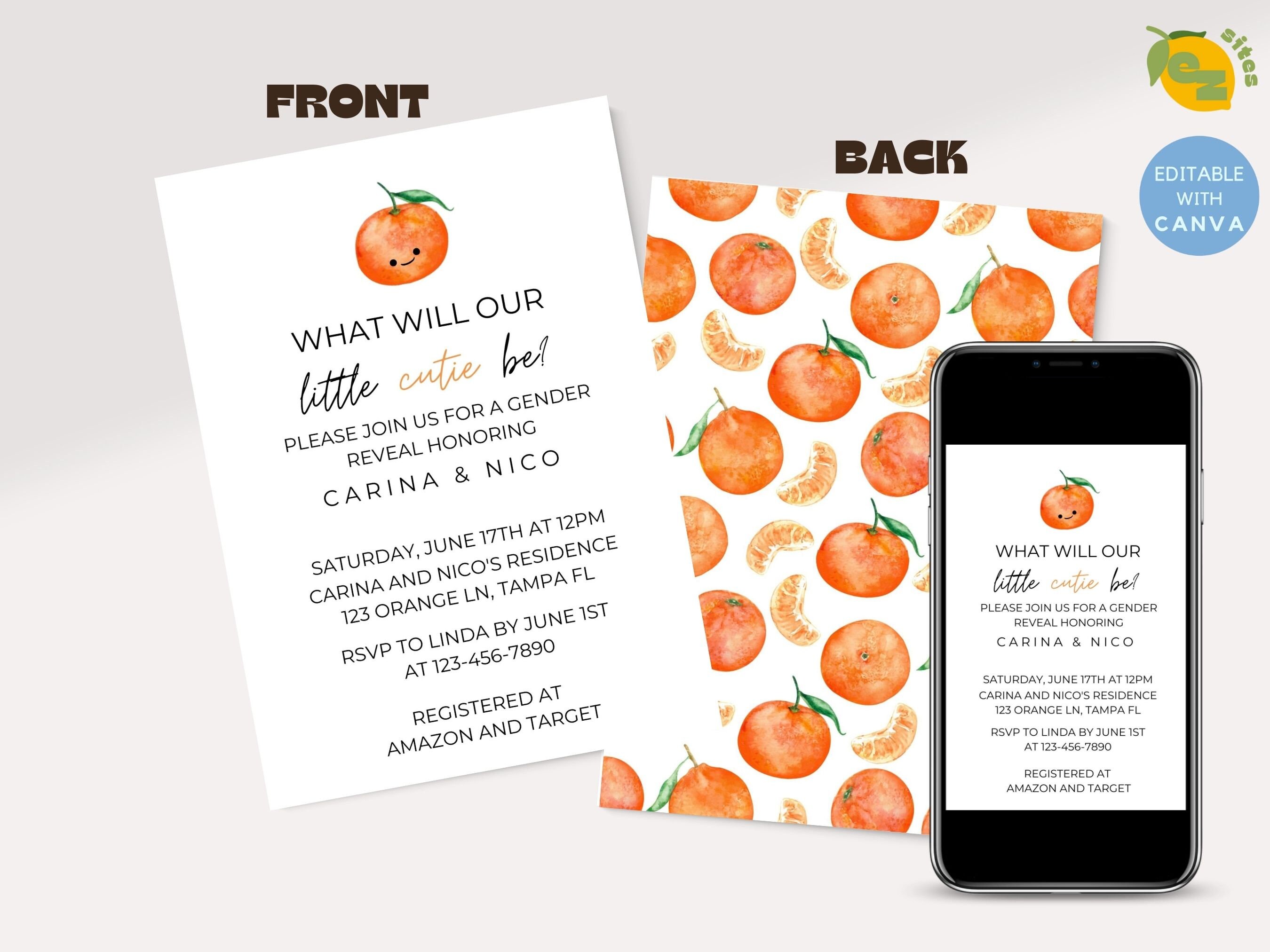 Editable Orange Gender Reveal Invitation | What Will Cutie Be ...