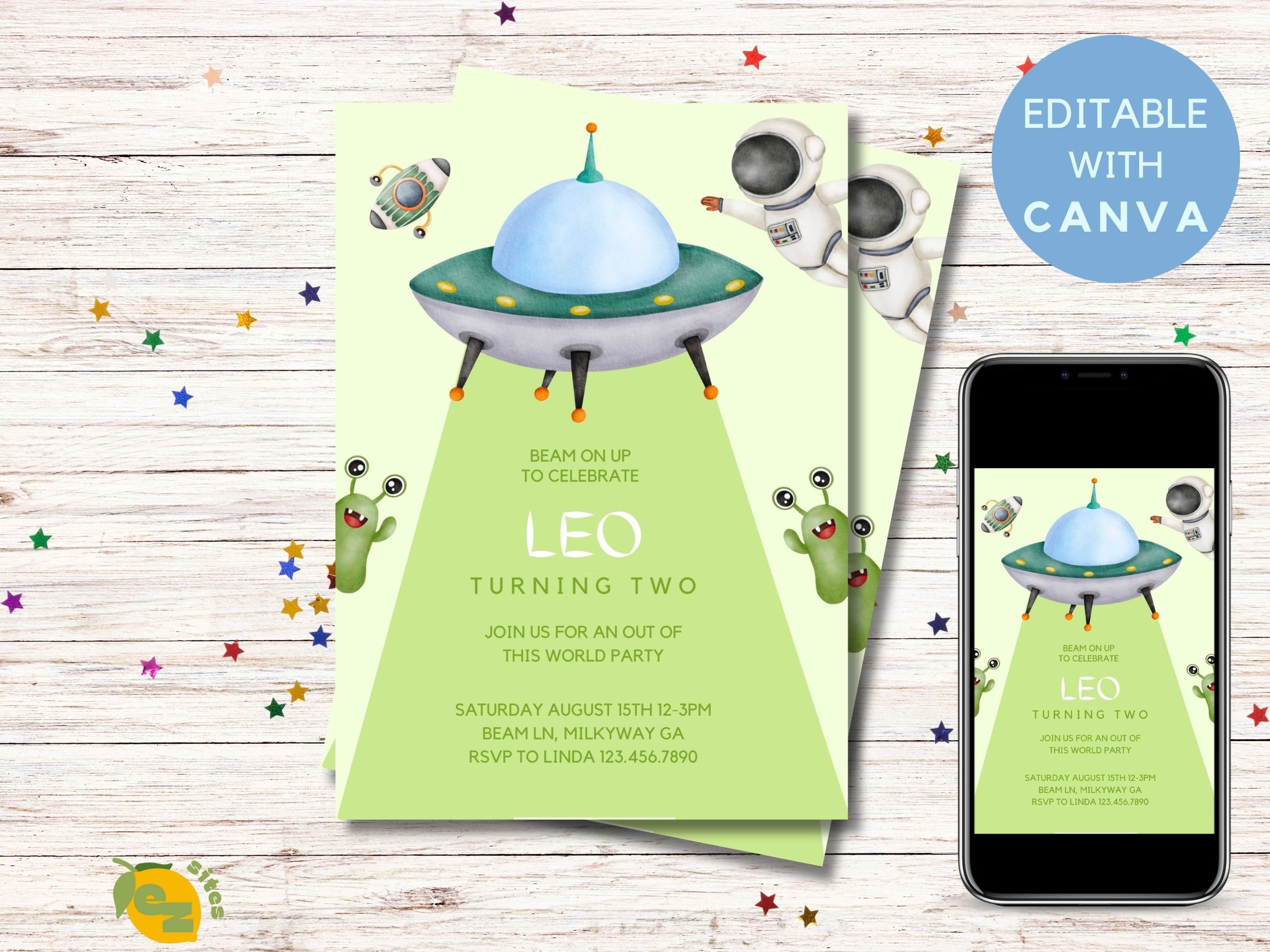 Editable Boys Alien Birthday Invitation UFO Green Birthday Party Invite ...