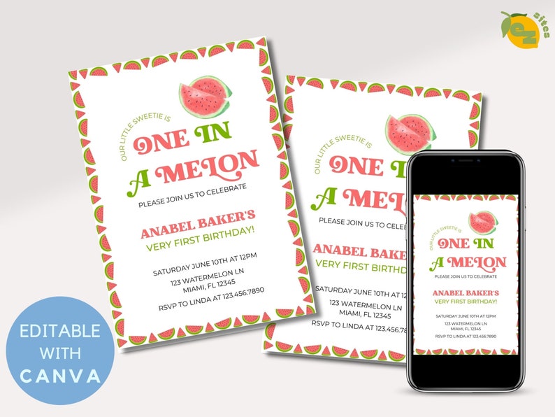 Editable Watermelon Invitation | Pink Birthday Invitation | One in A ...