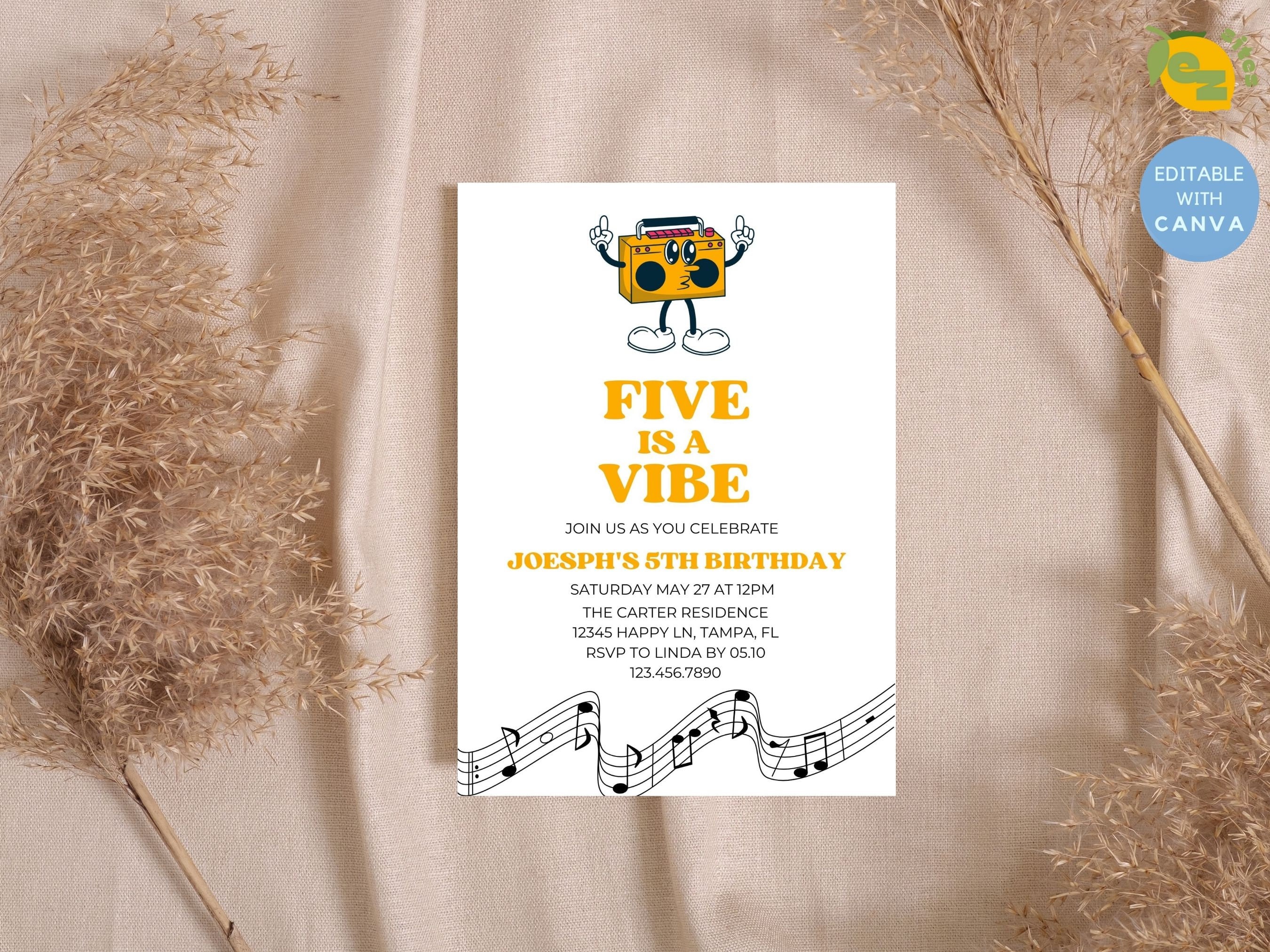 Editable Groovy 5th Birthday Invitation | Five is A Vibe Retro Vibe ...