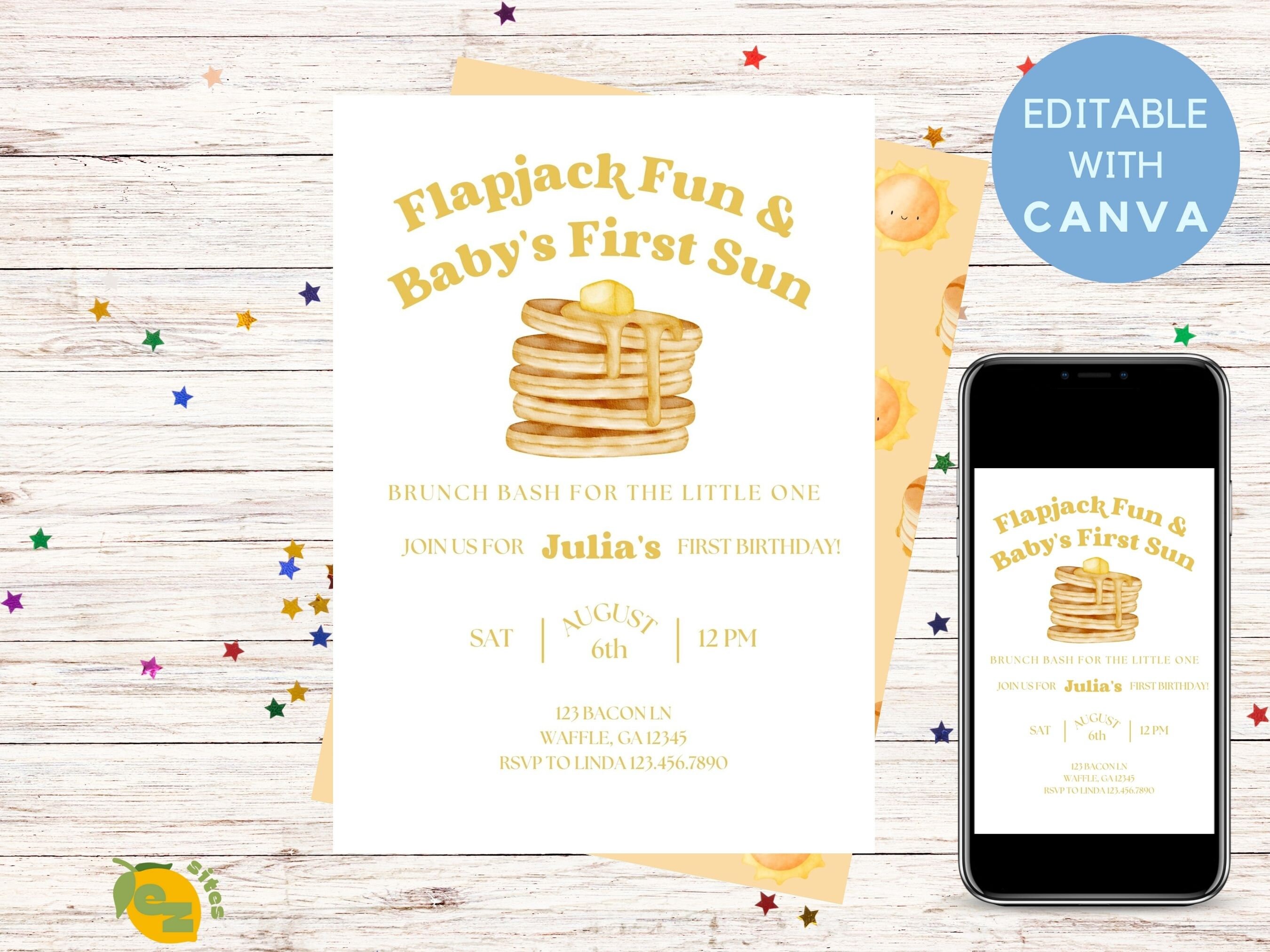 Pancake First Birthday Invitation: Breakfast Brunch Party (canva ...