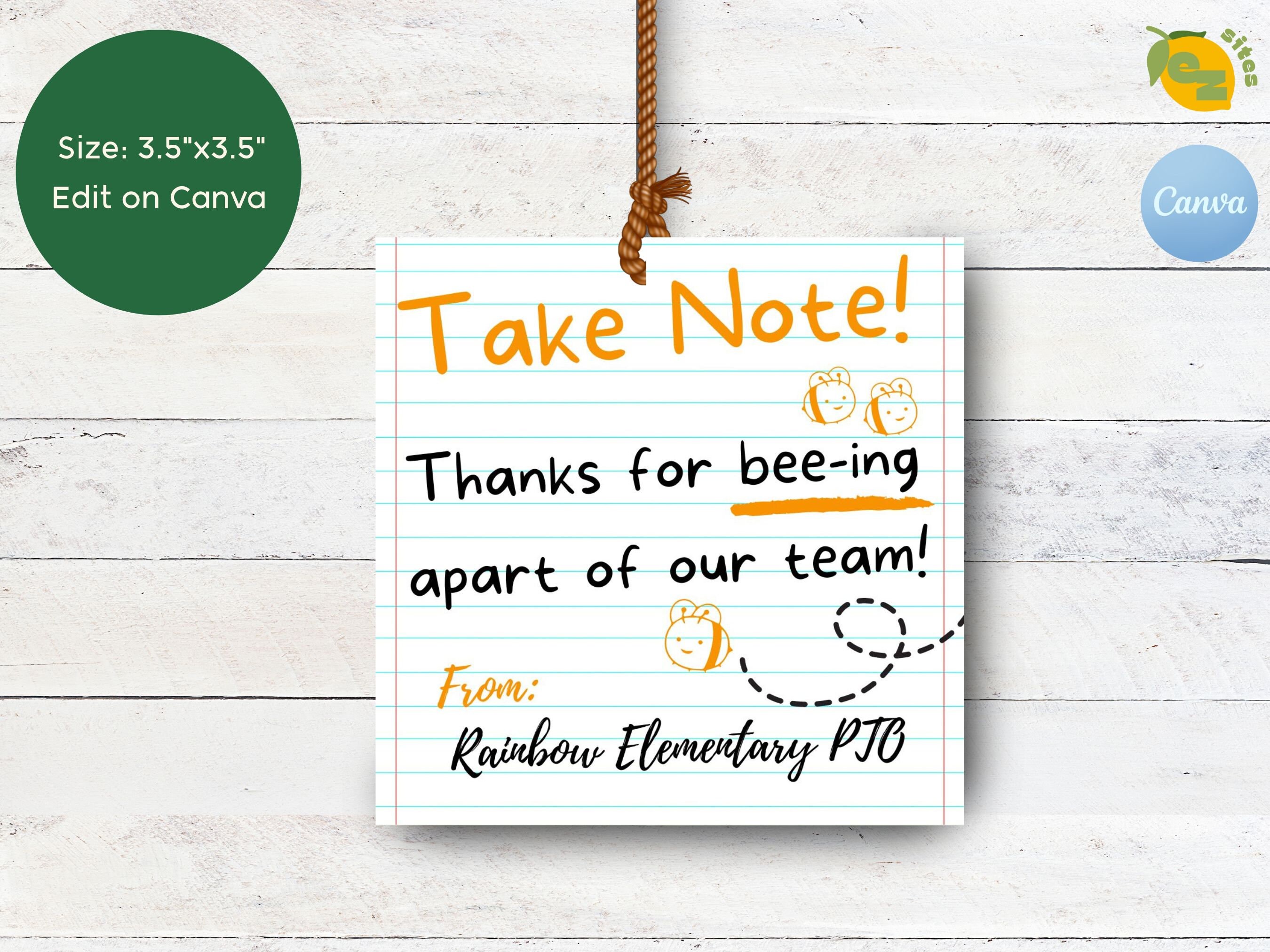 Editable Bee Teacher Appreciation Gift Tag | Bee Staff Gift | Take Note ...