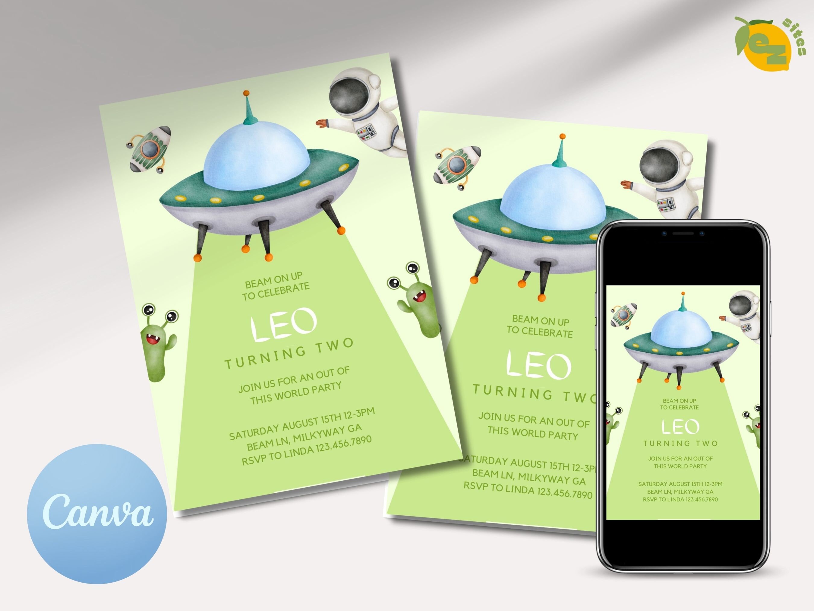 Editable Boys Alien Birthday Invitation UFO Green Birthday - Etsy