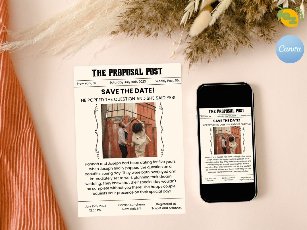 Editable Newspaper Save the Date Proposal Post Editable - Etsy