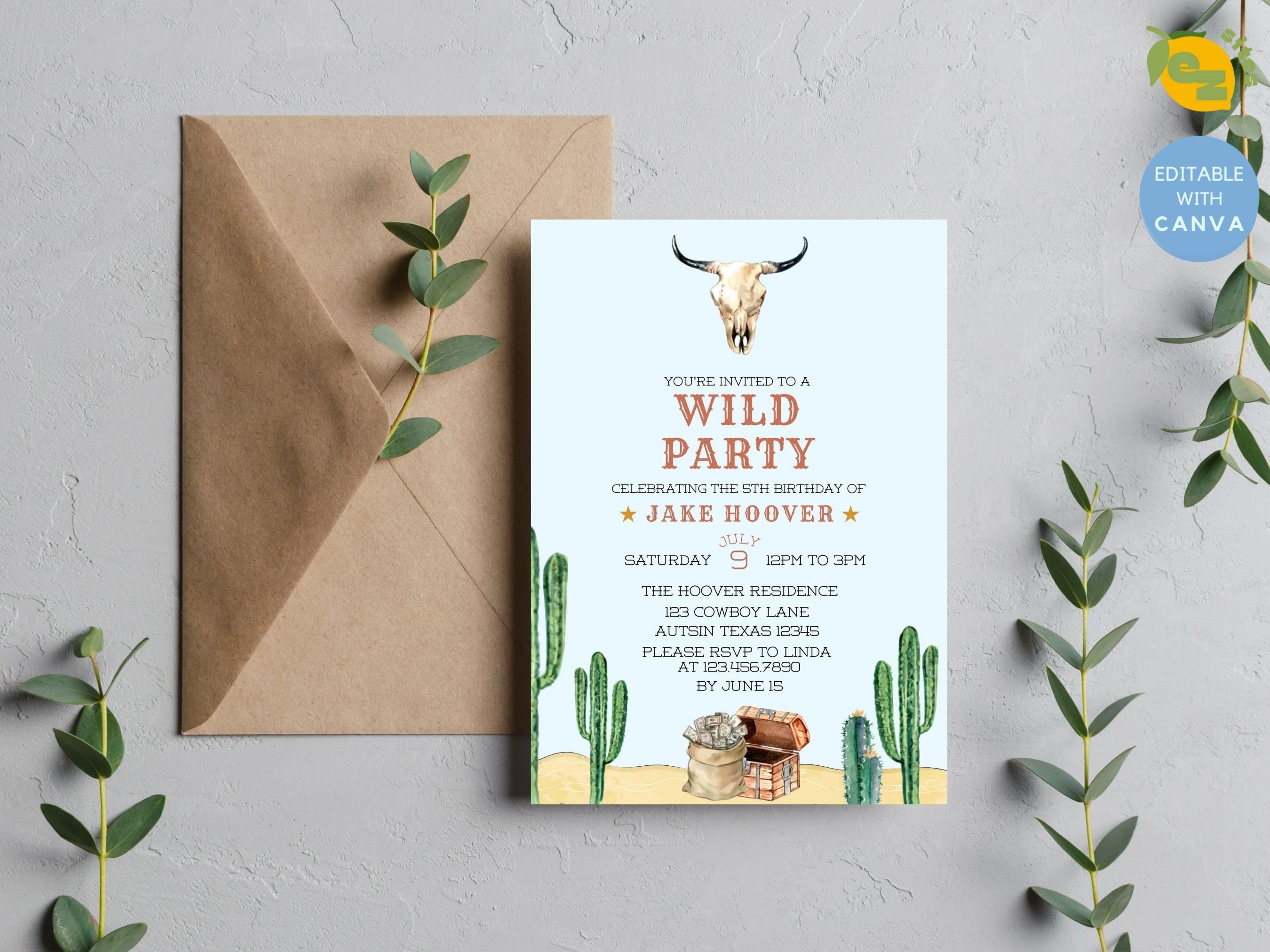 Wild West Birthday Invitation: Cowboy Party Template (canva Template ...