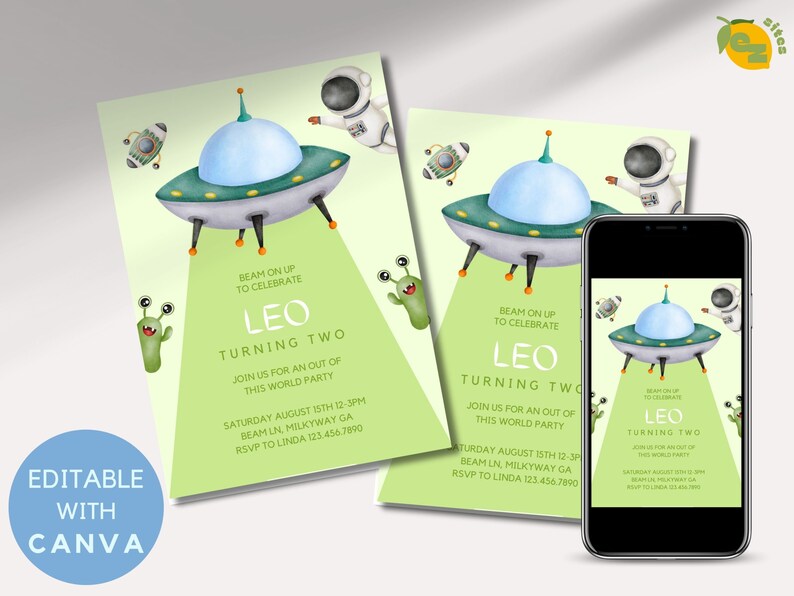 Editable Boys Alien Birthday Invitation | UFO Green Birthday Party ...