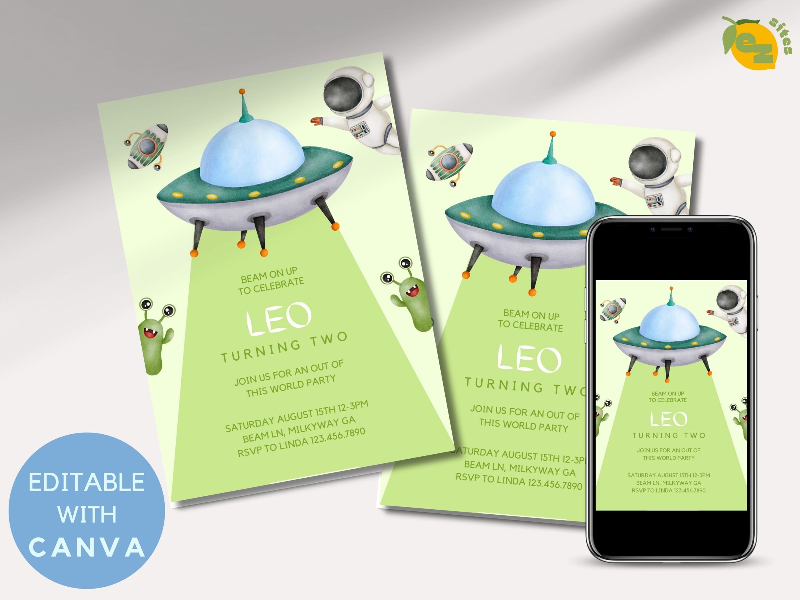 Editable Boys Alien Birthday Invitation UFO Green Birthday Party Invite ...