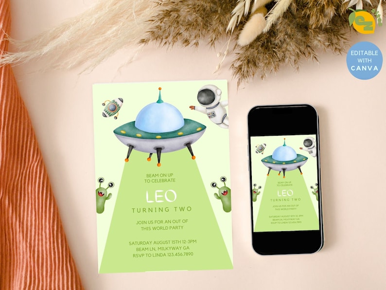 Editable Boys Alien Birthday Invitation | UFO Green Birthday Party ...