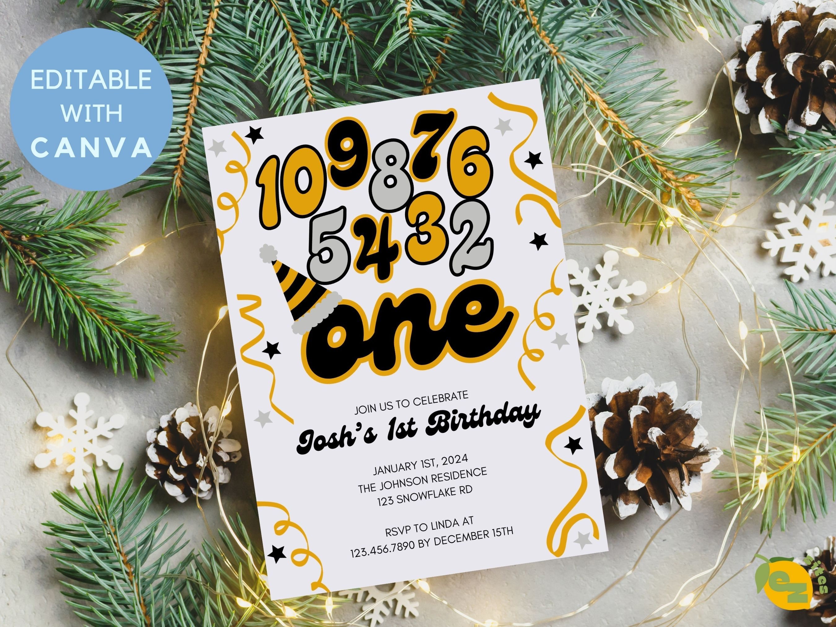 Editable Countdown to One Birthday Invitation | New Year Baby First ...