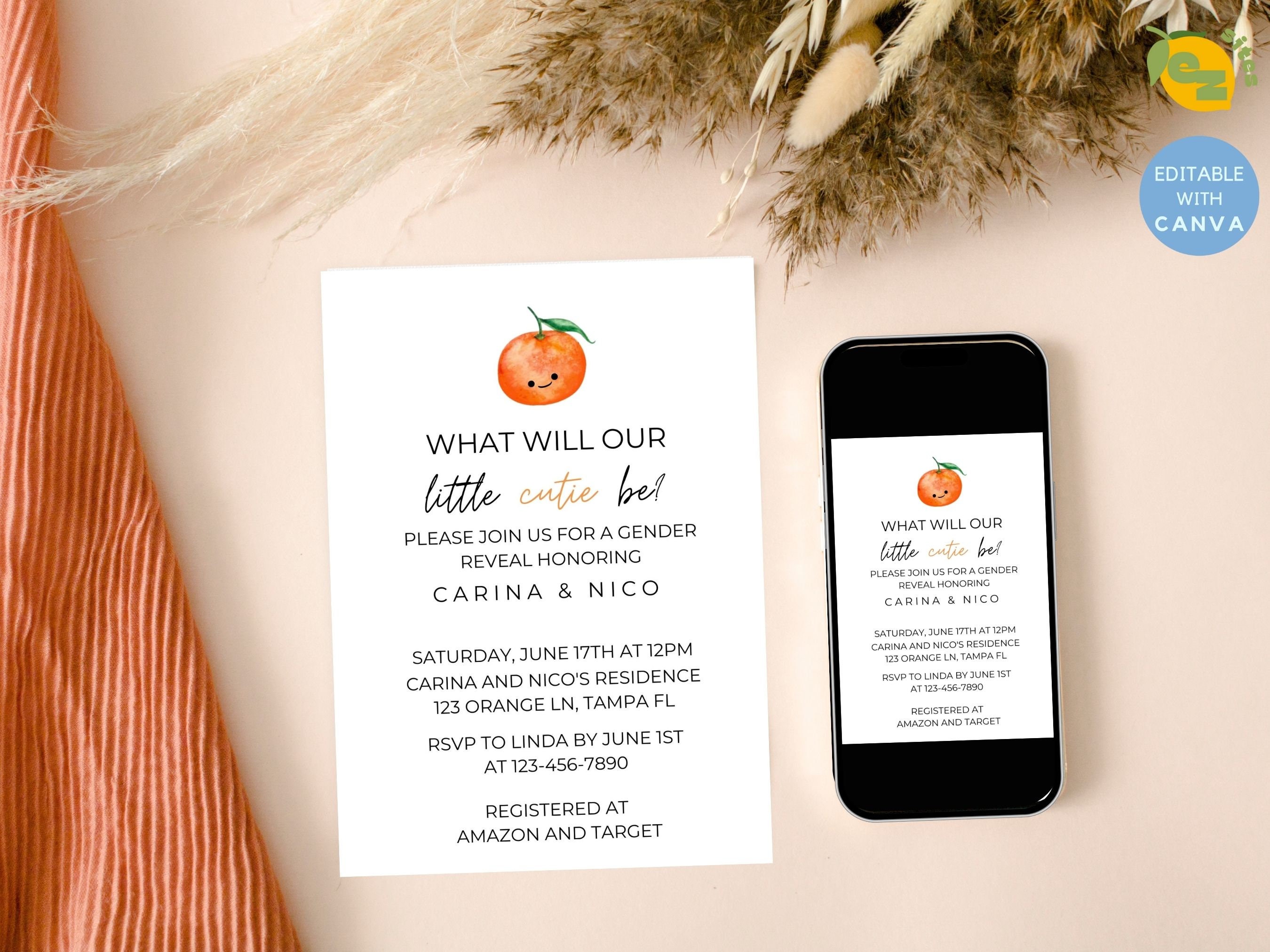 Editable Orange Gender Reveal Invitation | What Will Cutie Be ...