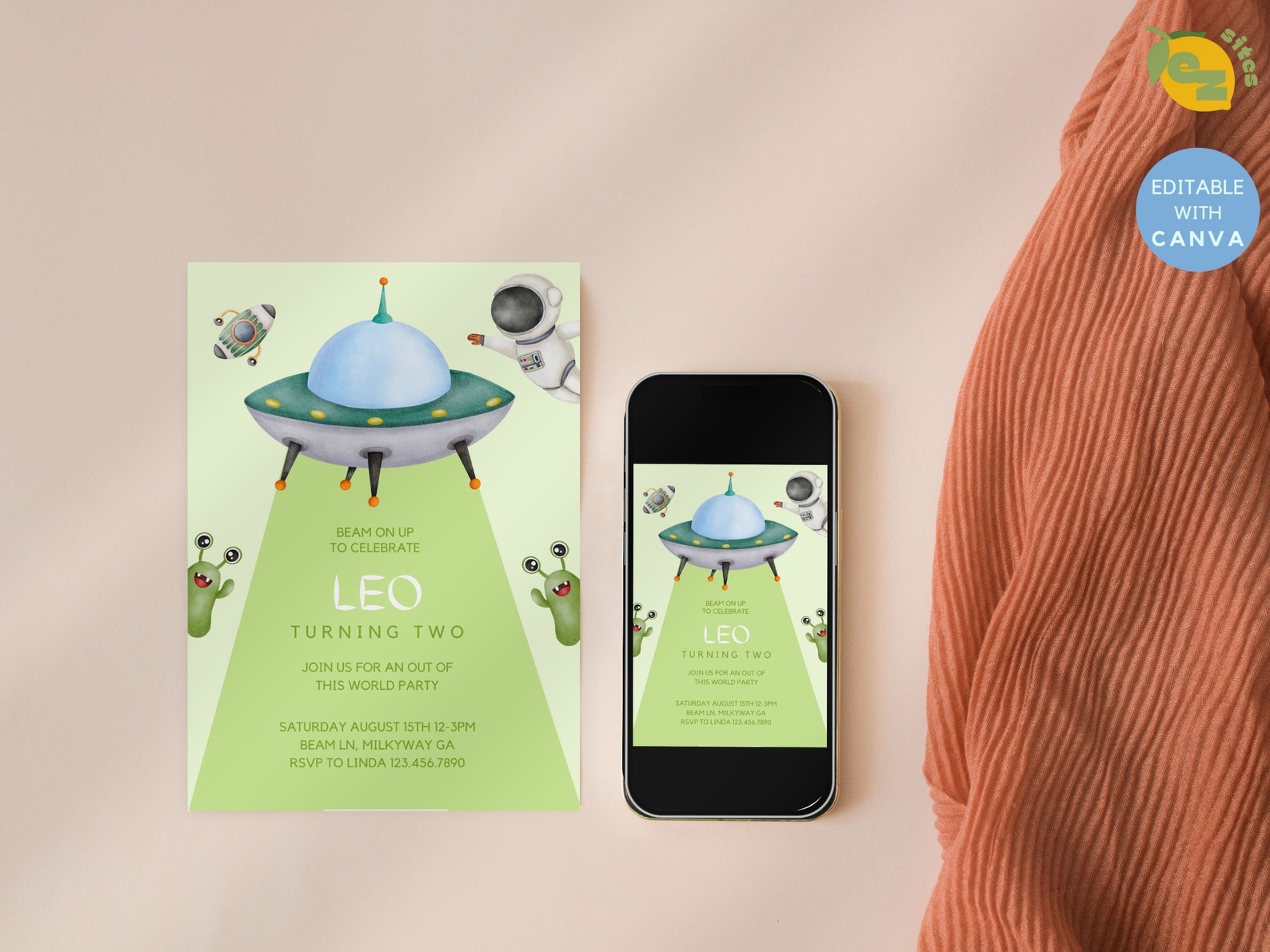 Editable Boys Alien Birthday Invitation | UFO Green Birthday Party ...