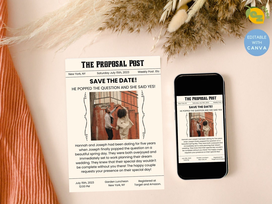 Editable Newspaper Save the Date | Proposal Post Editable Template ...