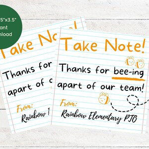 Editable Bee Teacher Appreciation Gift Tag | Bee Staff Gift | Take Note ...