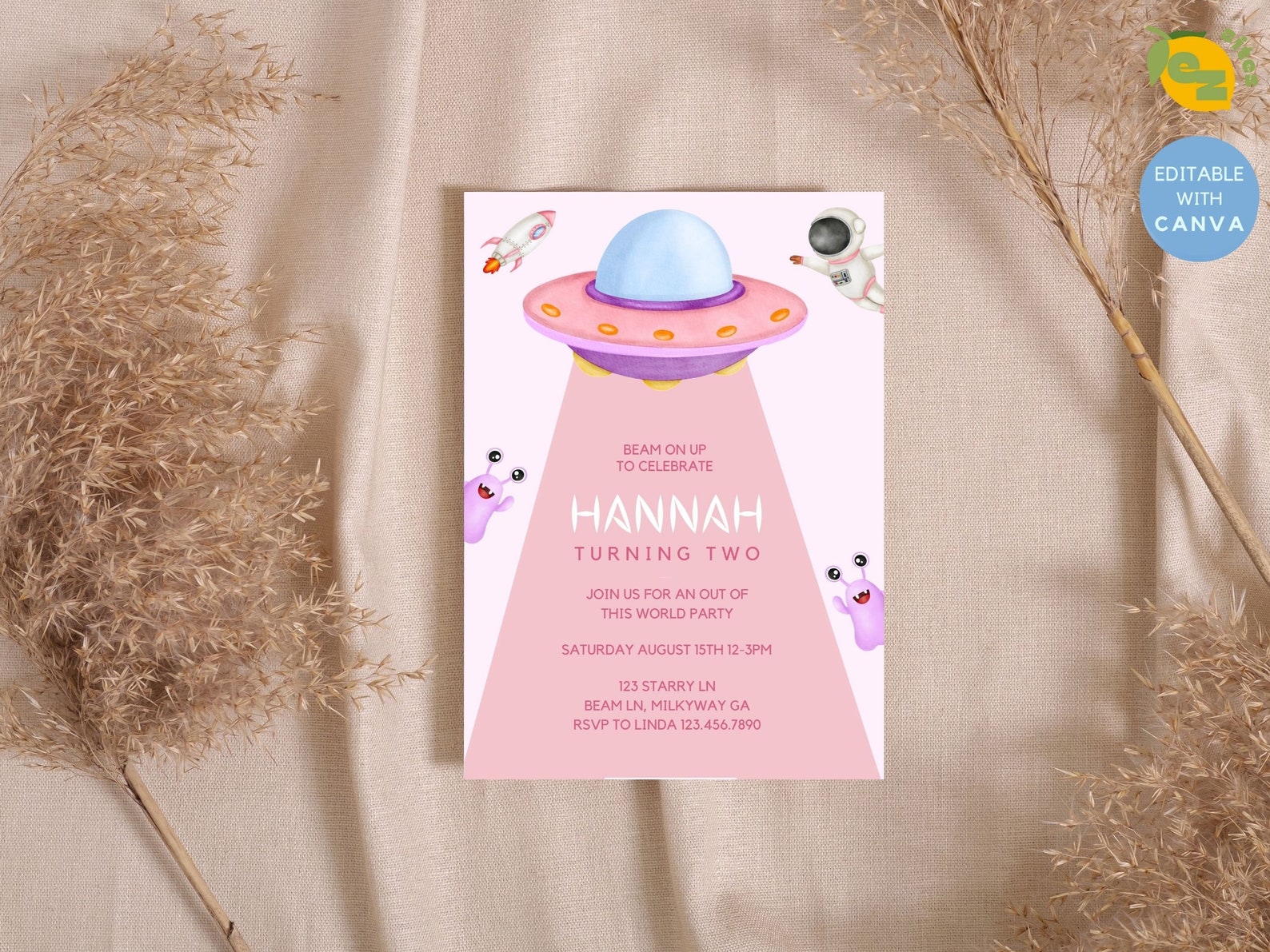 Editable Alien Birthday Invitation | UFO Pink Birthday Party Invite ...