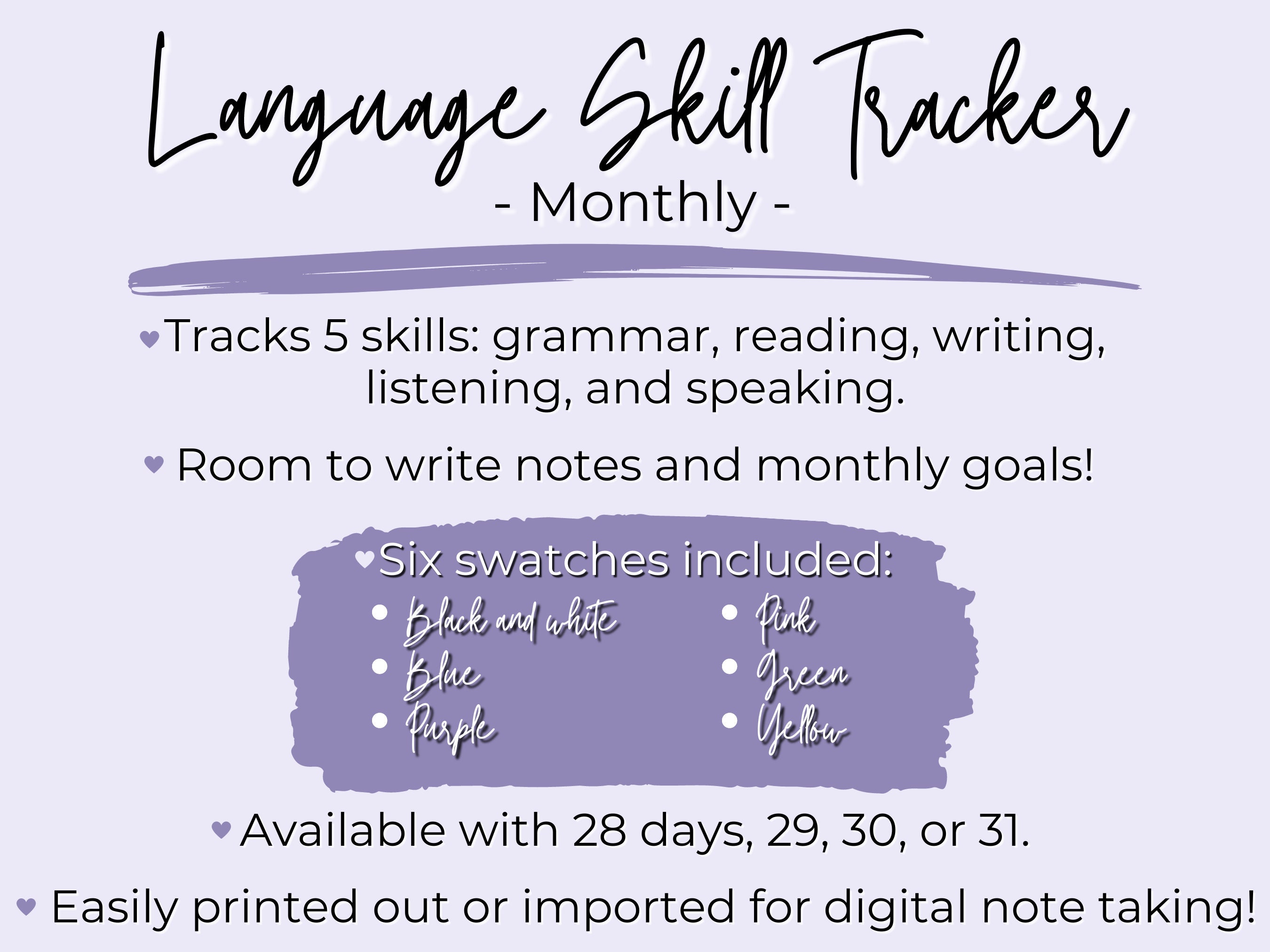 Monthly Language Skill Tracker Language Tracker, Monthly Skill Tracker ...
