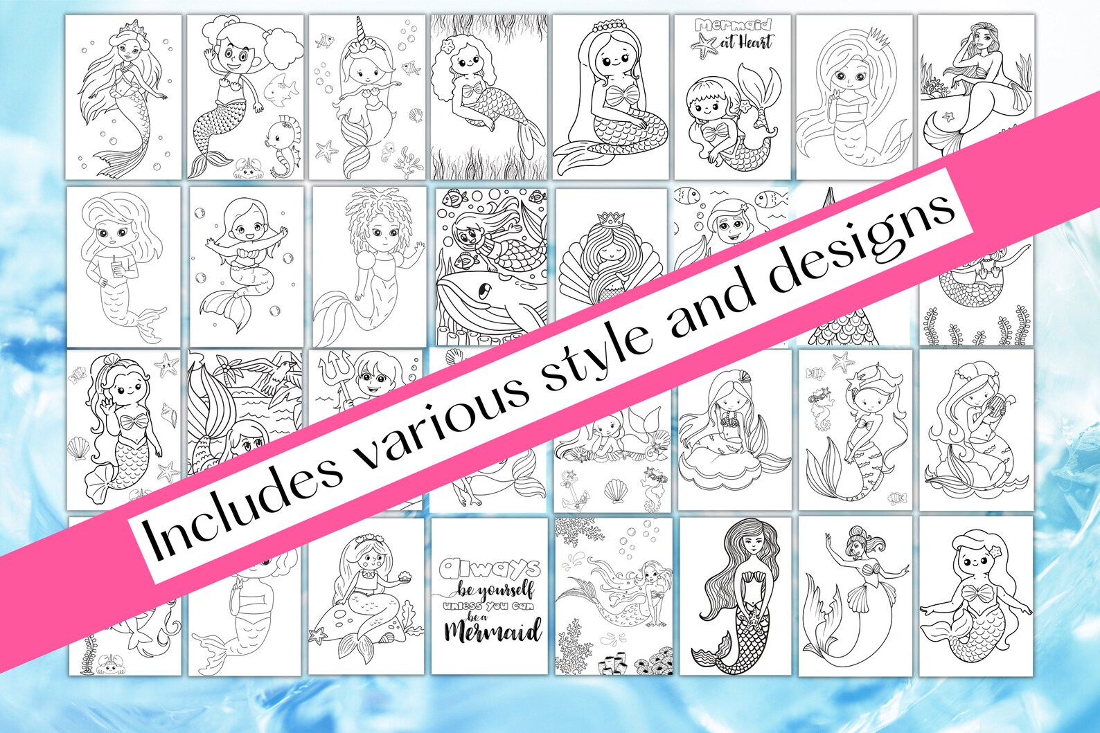 50 Printable Mermaid Colouring Pages - Digital PDF Download - Mermaid ...