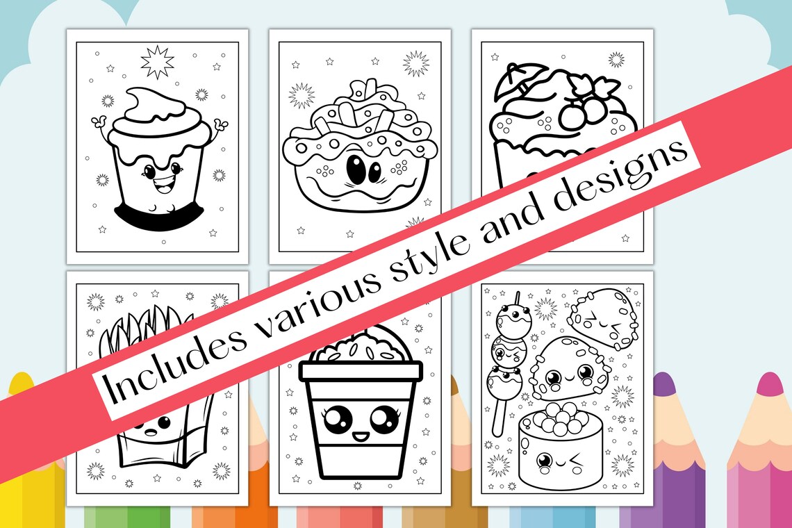 50 Printable Kawaii Food Colouring Pages - Digital PDF Download ...