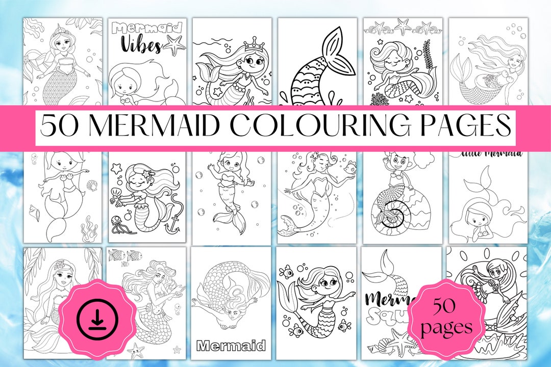 50 Printable Mermaid Colouring Pages - Digital PDF Download - Mermaid ...