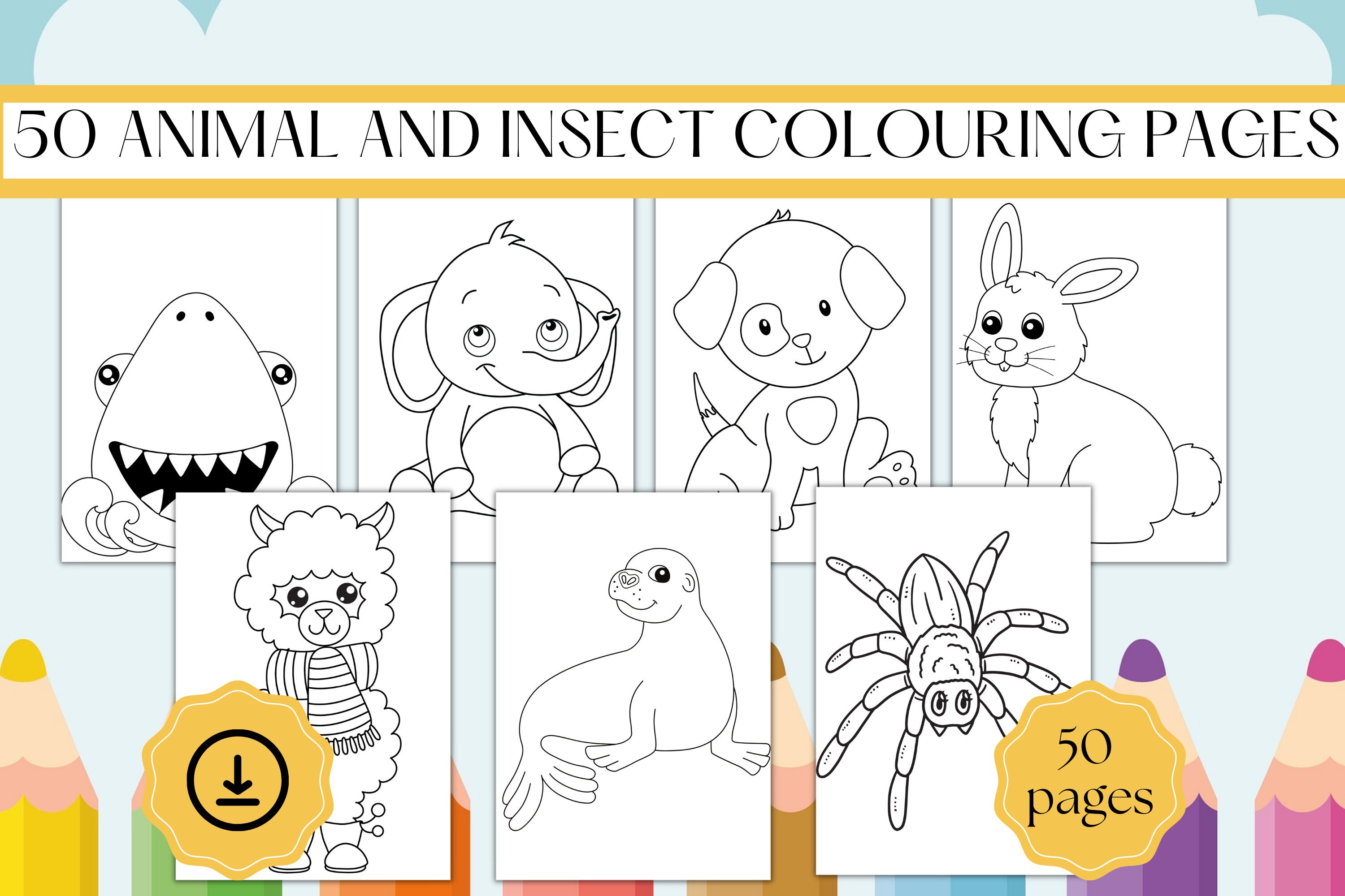 50 Printable Animal and Insect Colouring Pages - Digital PDF Download ...