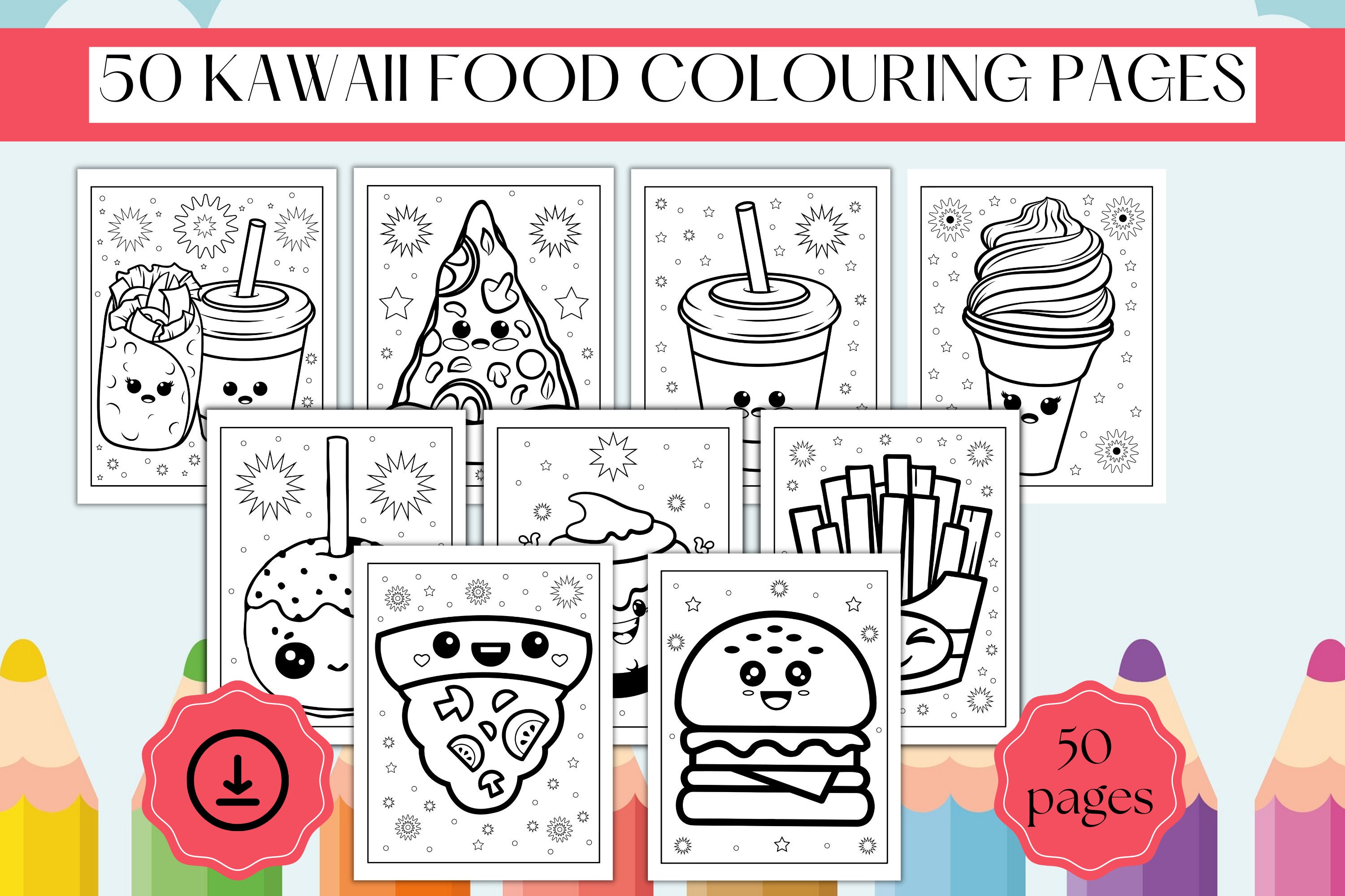 50 Printable Kawaii Food Colouring Pages - Digital PDF Download ...