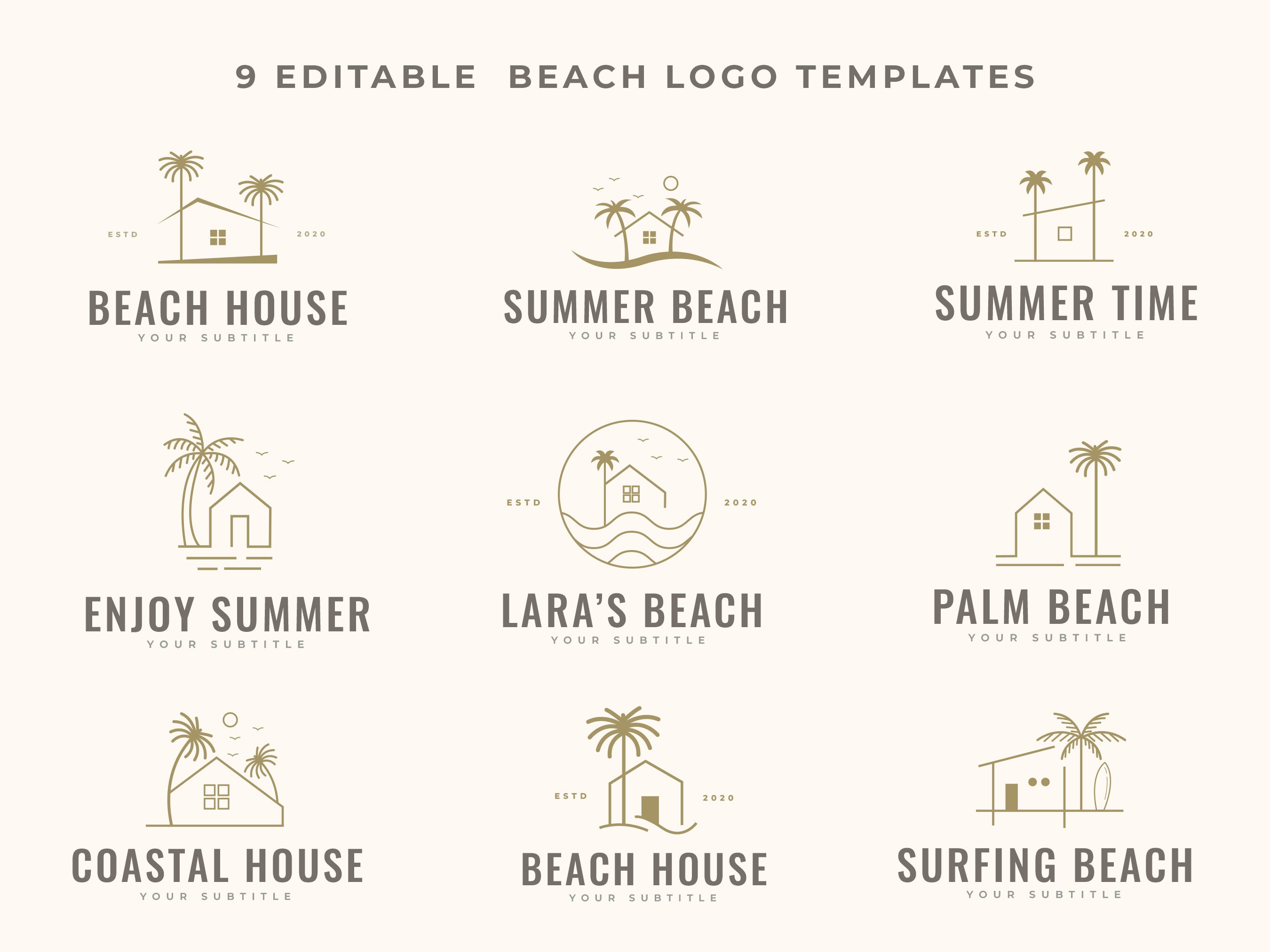 Minimal Beach House Logo Template, Editable Logo, Beach Tree Logo ...