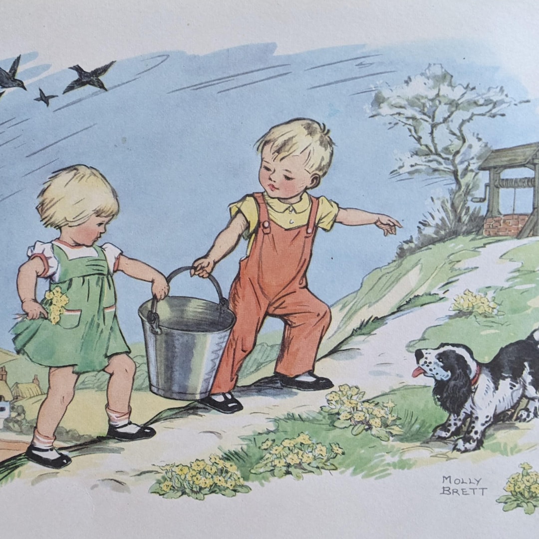 Vintage Nursery Rhyme Art 12.5x9 | Jack & Jill + Caught a Fish | 2 ...