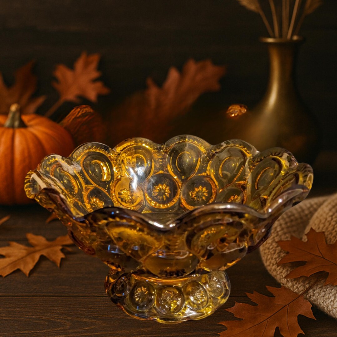Vintage Amber Moon and Stars Glass Bowl | L.E. Smith Footed Dish | Retro Candy Dish or Fall ...