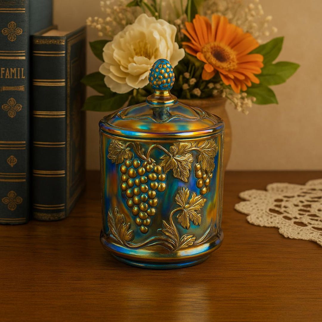 Vintage Carnival Glass 7-inch Lidded Candy Dish | Grapes and Grape Leaf ...