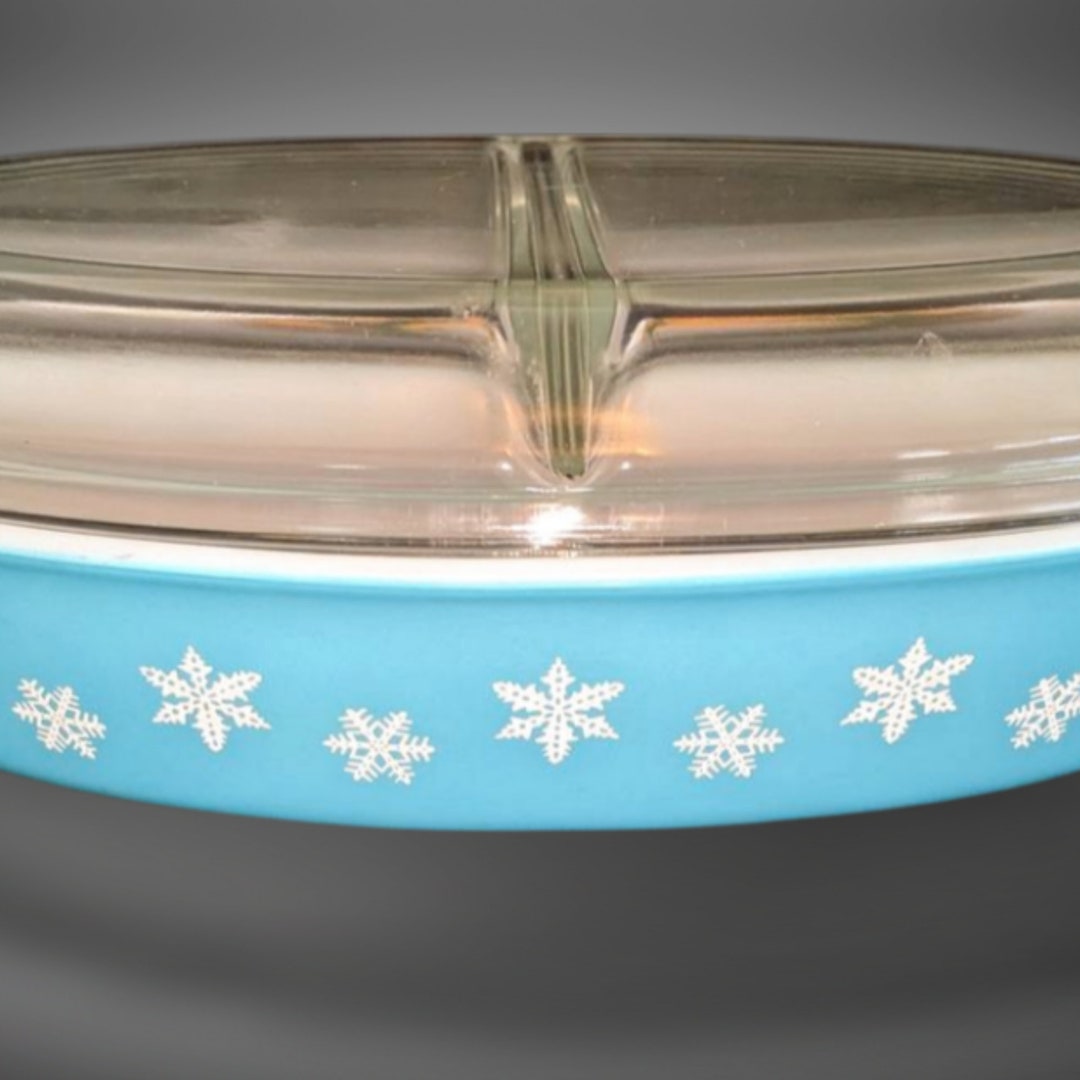 Vintage Pyrex Snowflake Blue Divided Covered Casserole Dish Retro Aqua ...
