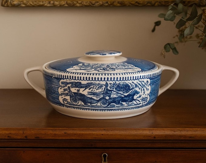 Vintage Kitchen Currier and Ives Covered Casserole Dish China Blue ...