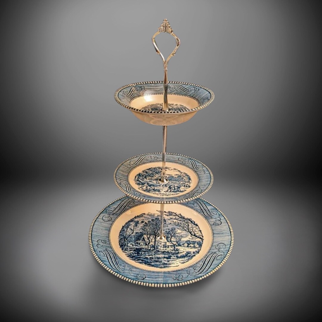 Currier and Ives Vintage Plate Tidbit Tray - Handmade Three-tiered ...