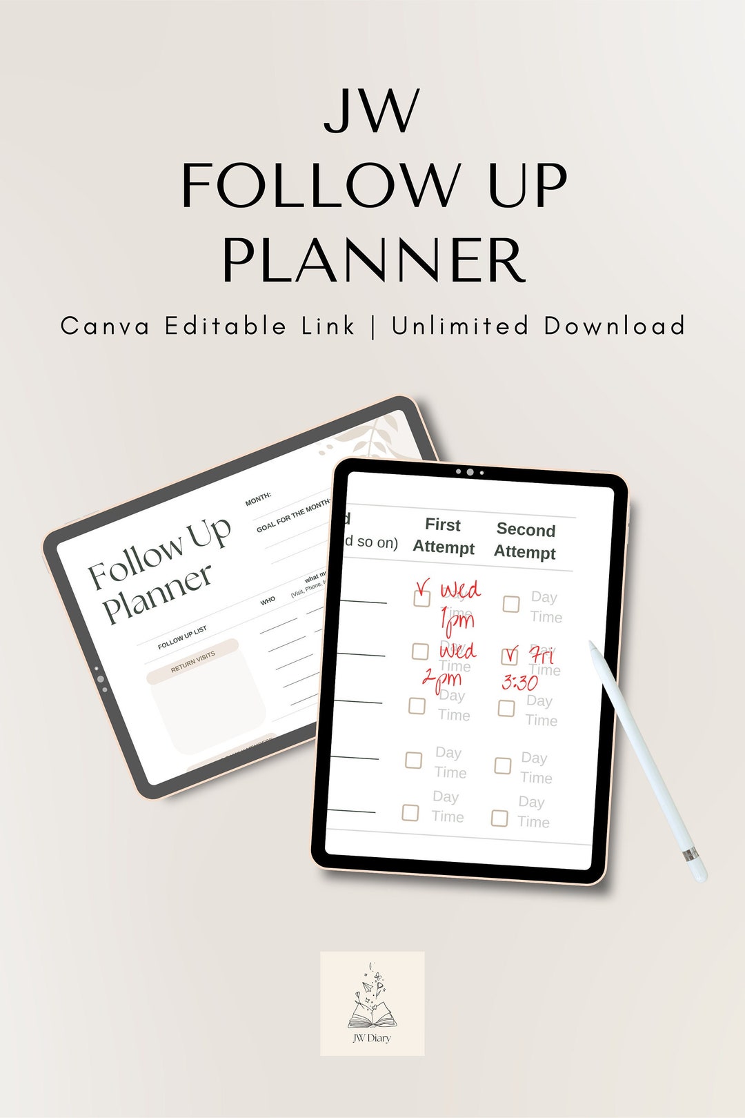 Customisable JW Follow up Planner Canva Editable Digital Download ...