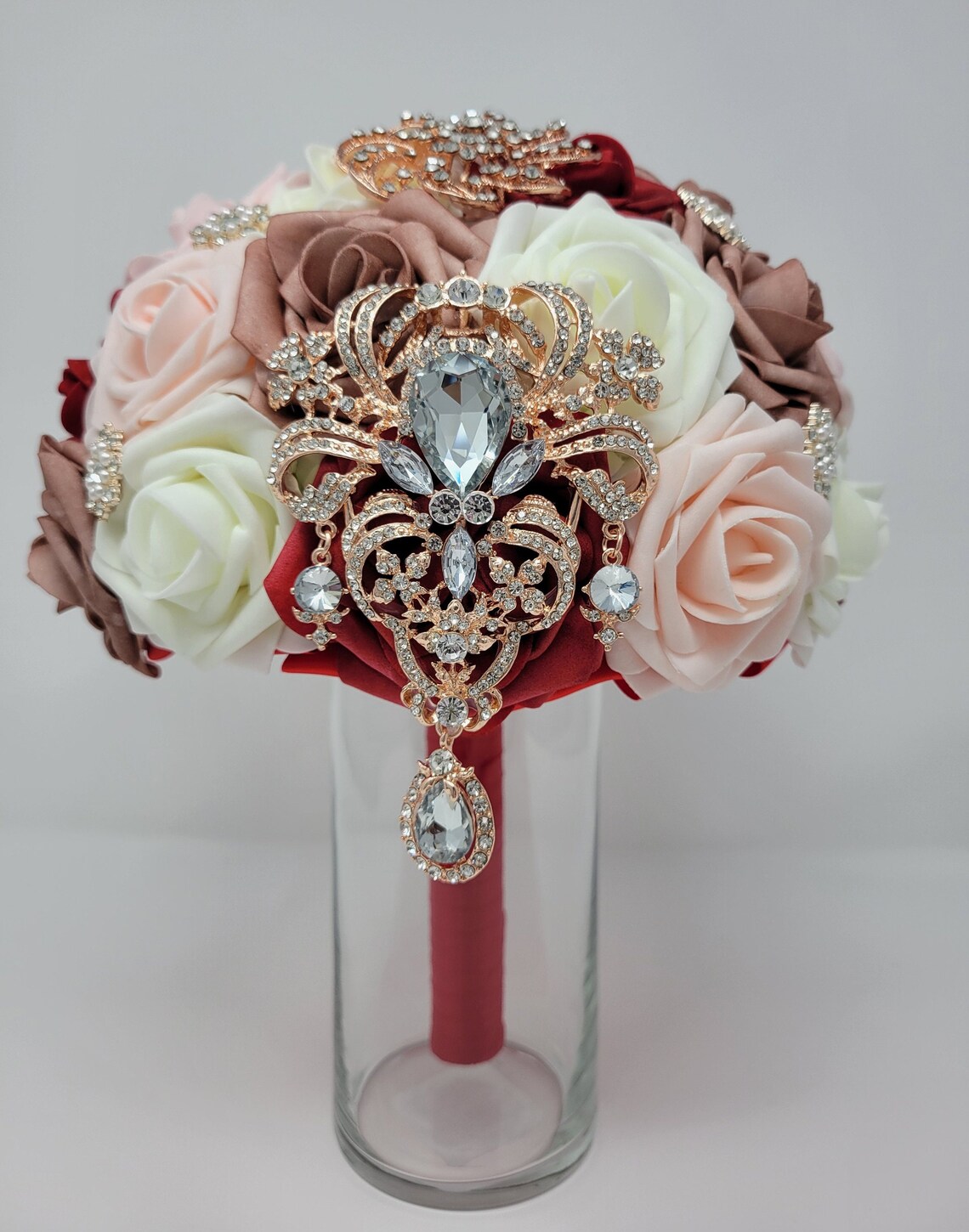 Dusty Rose Red Blush and Ivory Foam Roses Brooch Bouquet - Etsy