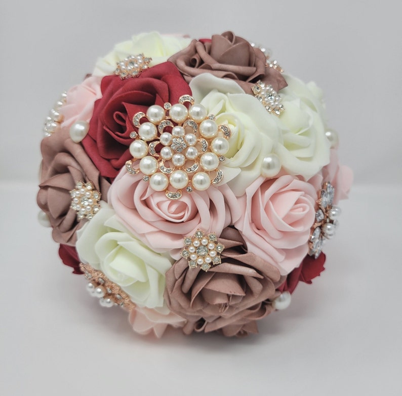 Dusty Rose Red Blush and Ivory Foam Roses Brooch Bouquet - Etsy