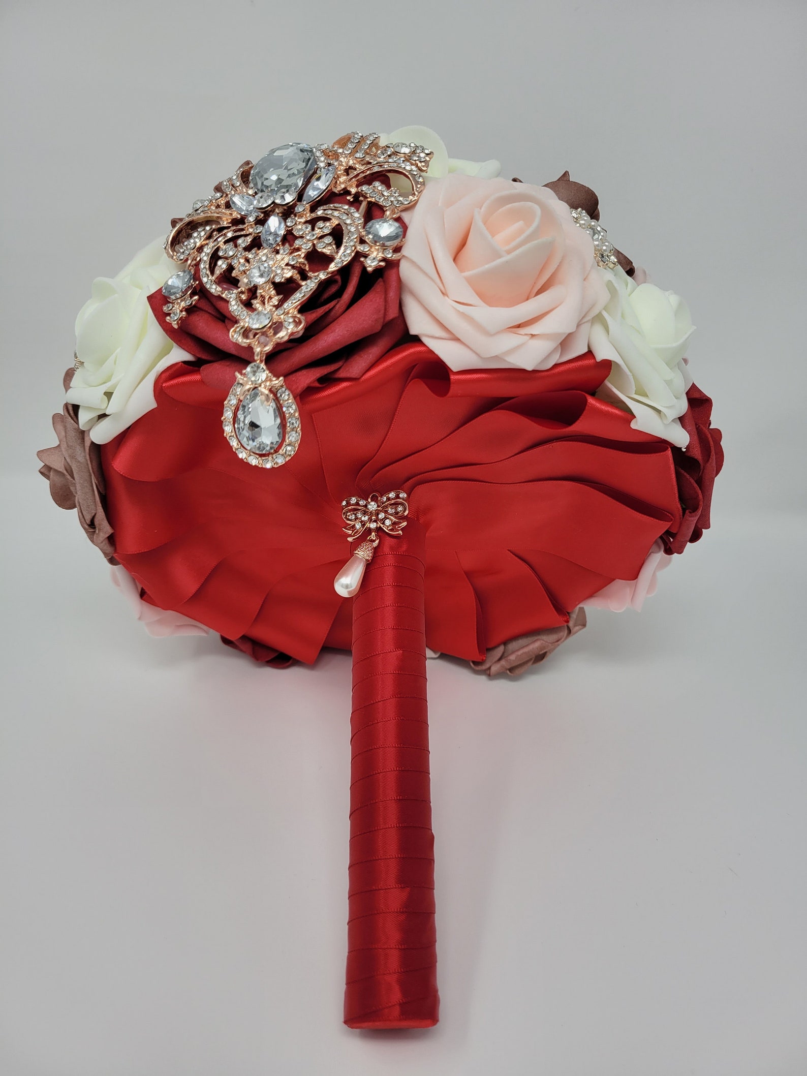Dusty Rose Red Blush and Ivory Foam Roses Brooch Bouquet - Etsy