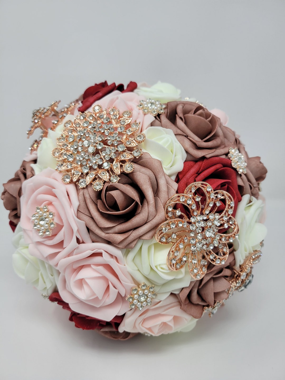 Dusty Rose Red Blush and Ivory Foam Roses Brooch Bouquet | Bridal ...