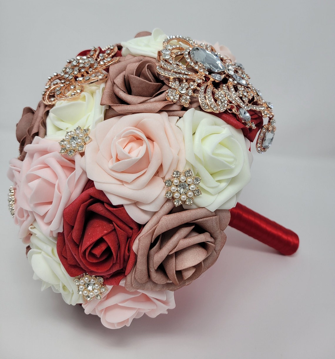 Dusty Rose Red Blush and Ivory Foam Roses Brooch Bouquet - Etsy