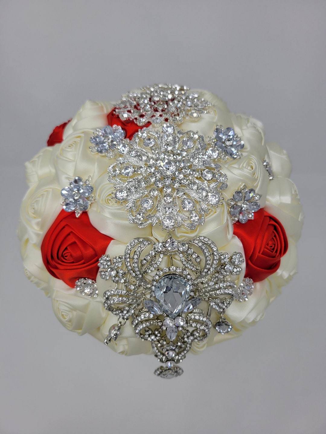 Ivory and Red Satin Roses Brooch Bouquet | Bridal | Wedding Flowers ...