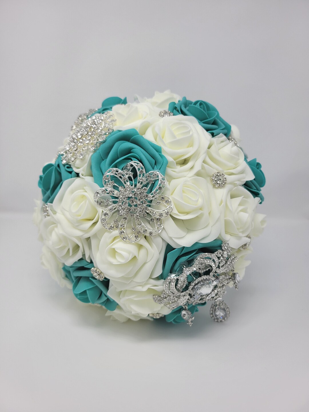 Ivory and Teal Foam Roses Silver Brooch Bouquet | Bridal | Wedding ...