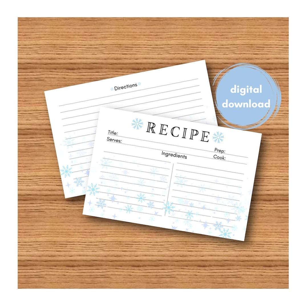 Winter Snowflake Recipe Card 4x6" - PDF Digital Download, Editable ...