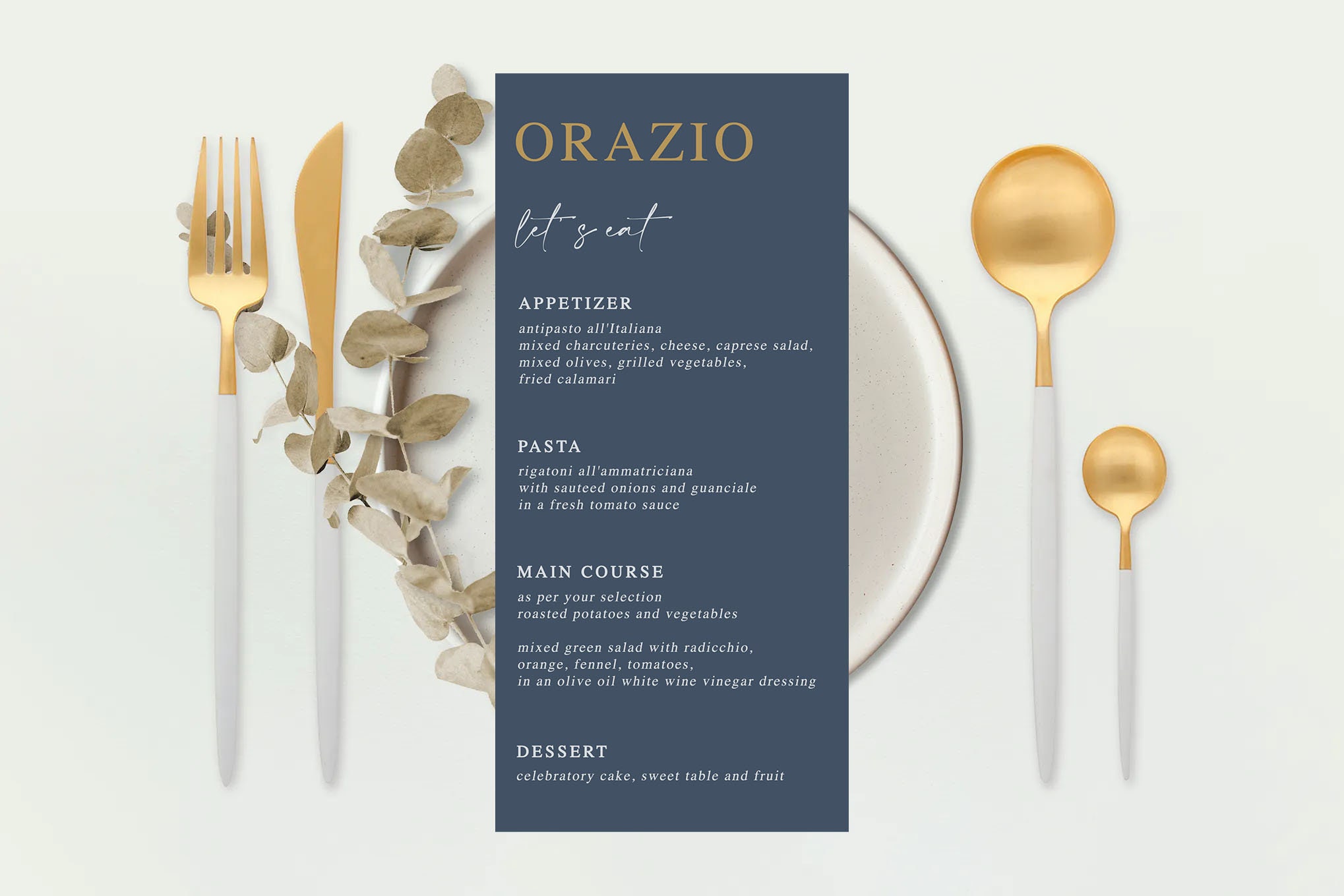 Blue and Gold Wedding Menu Template, Modern Minimalist Wedding Menu ...