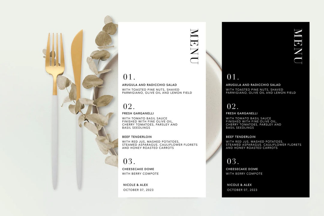Menu, Minimalist Black Wedding Menu Template, Modern Menu, Elegant ...