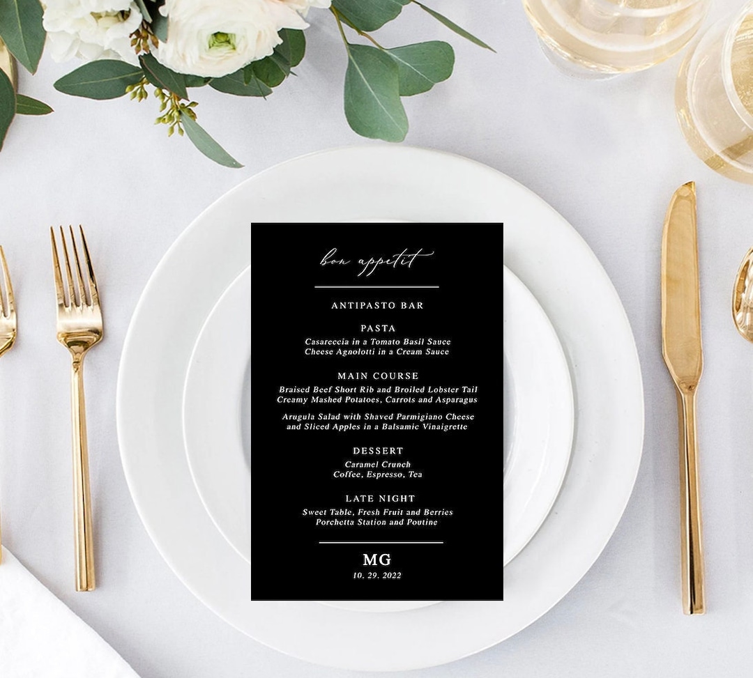 Menu, Minimalist Black Wedding Menu Template, Modern Menu, Elegant ...