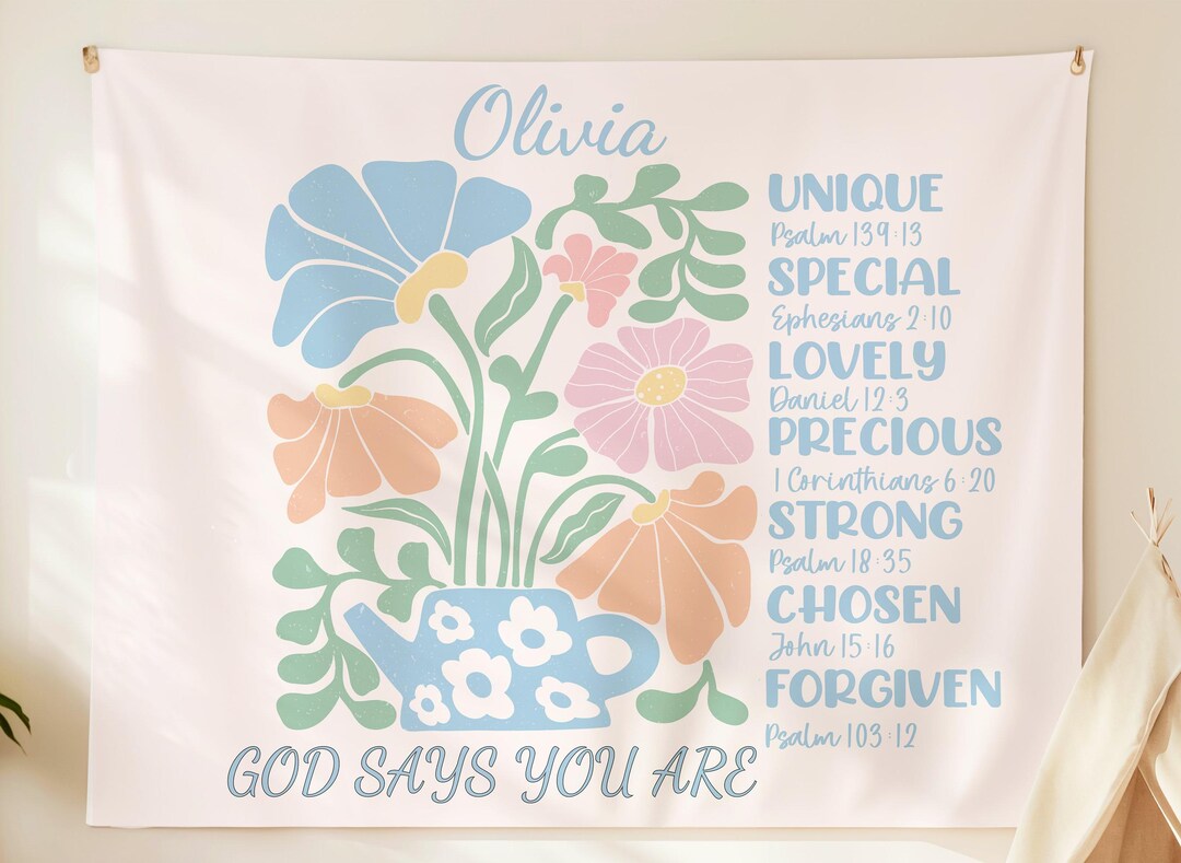 Personalized Christian Hanging Tapestry Floral Boho Wall Art Girls Room ...
