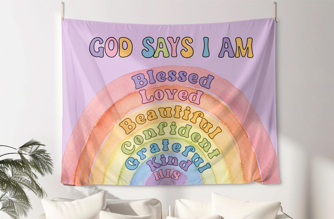 Christian Tapestry, God Says I Am Rainbow Wall Art, Girls Bedroom ...