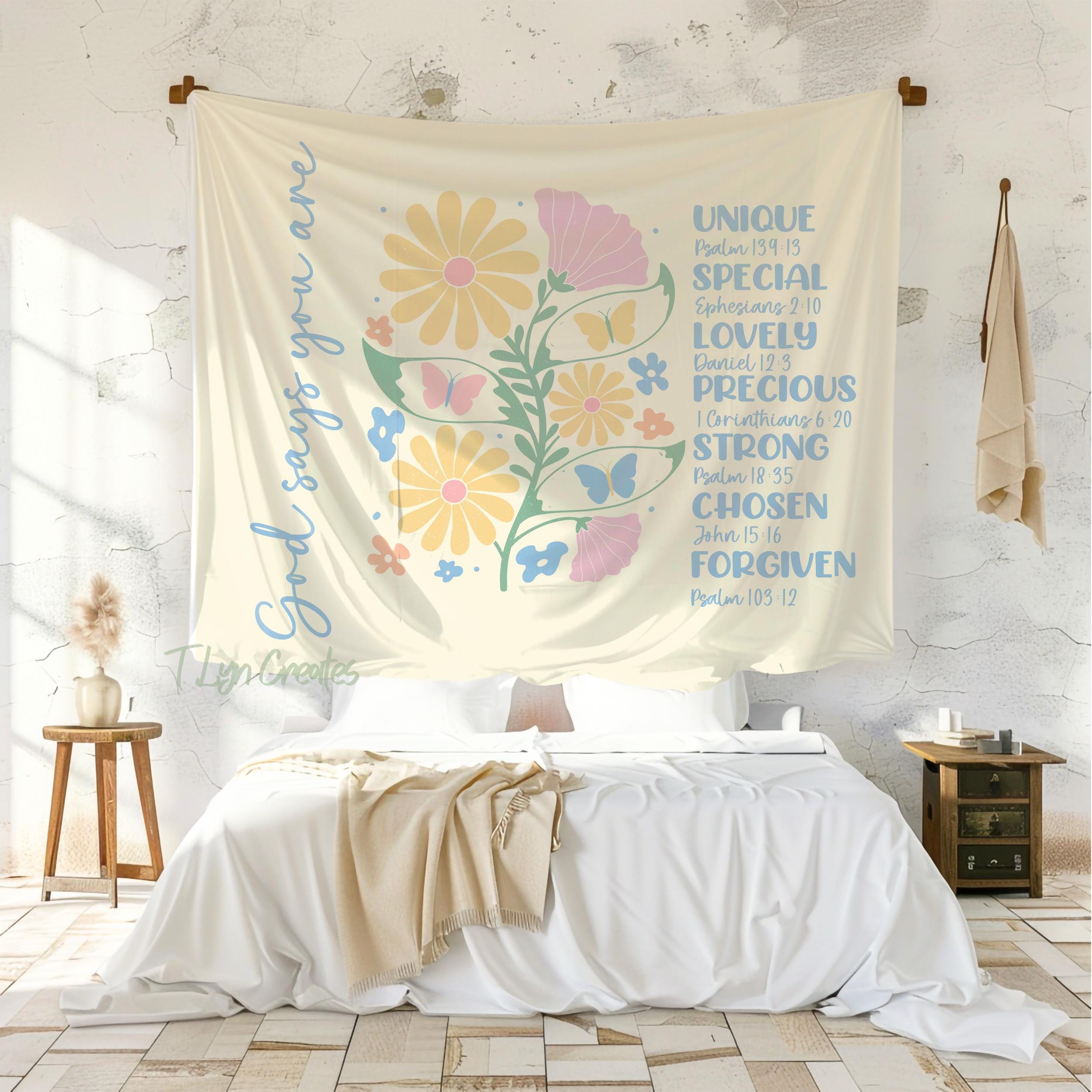Christian Hanging Tapestry, Floral Boho Wall Art, God Says I Am, Girls ...
