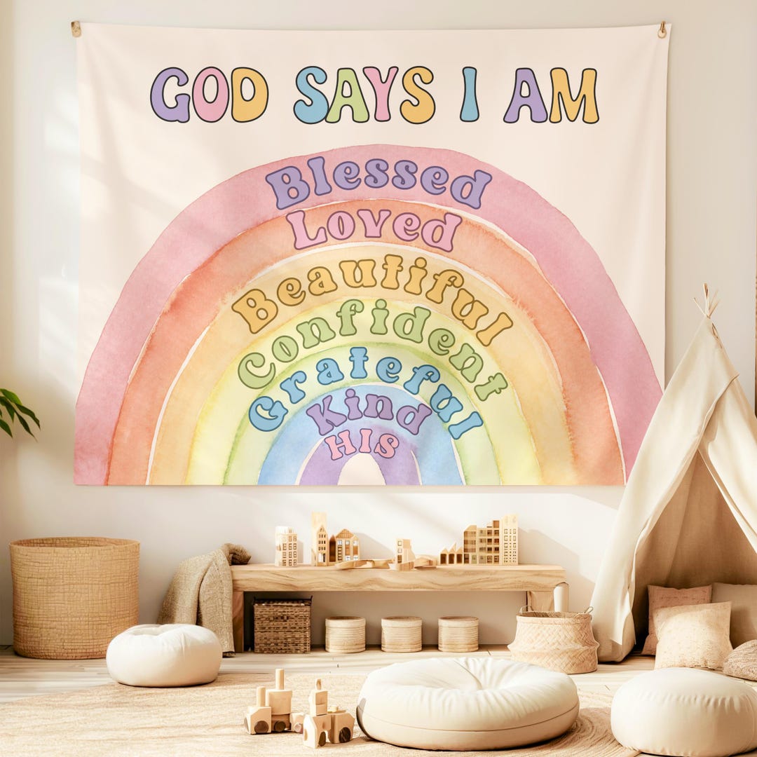 Christian Tapestry, God Says I Am Rainbow Wall Art, Girls Bedroom ...